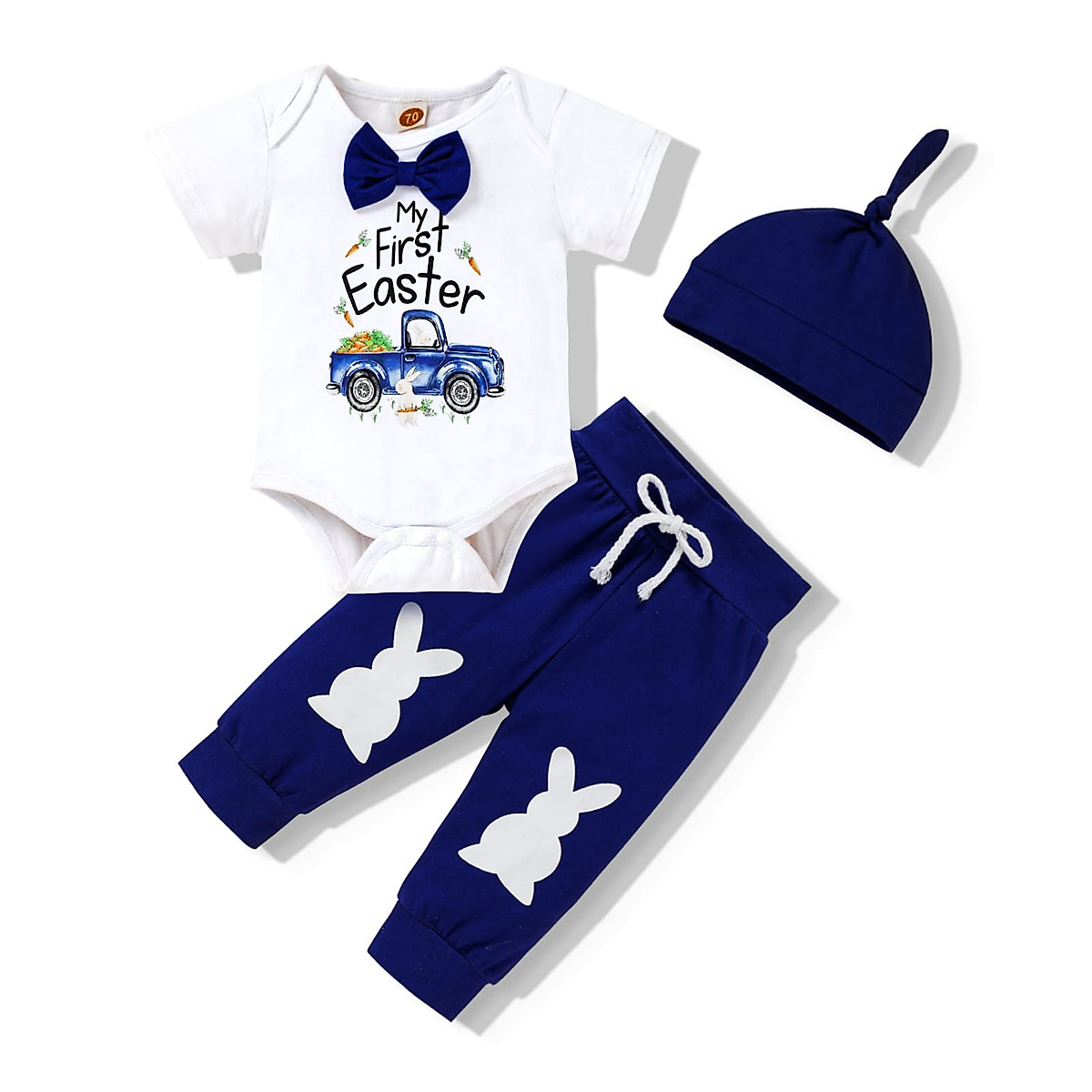 GRNSHTS Baby Boy My First Easter Pants Set Newborn Boys Short Sleeve Romper + Rabbit Long Pants 3PCs Easter Clothes(Blue,3-6M)