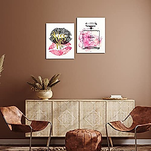 Creoate Fashion Women Canvas Wall Art for Girls Bedroom 2 Pieces Modern Pink Perfume Lady Lips Poster Canvas Print Artwork Framed Set for Women Room Decor,Wrapped Canvas,12x15 Inch x2pcs