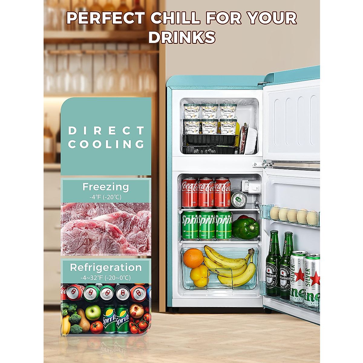 Anypro 3.2 Cu.Ft Compact Refrigerator Mini Fridge with Freezer, Retro Double Door Small Fridge with Freezer, 7 Level Thermostat & Removable Shelves, Small Refrigerator for Dorm, Office, Bedroom, Blue