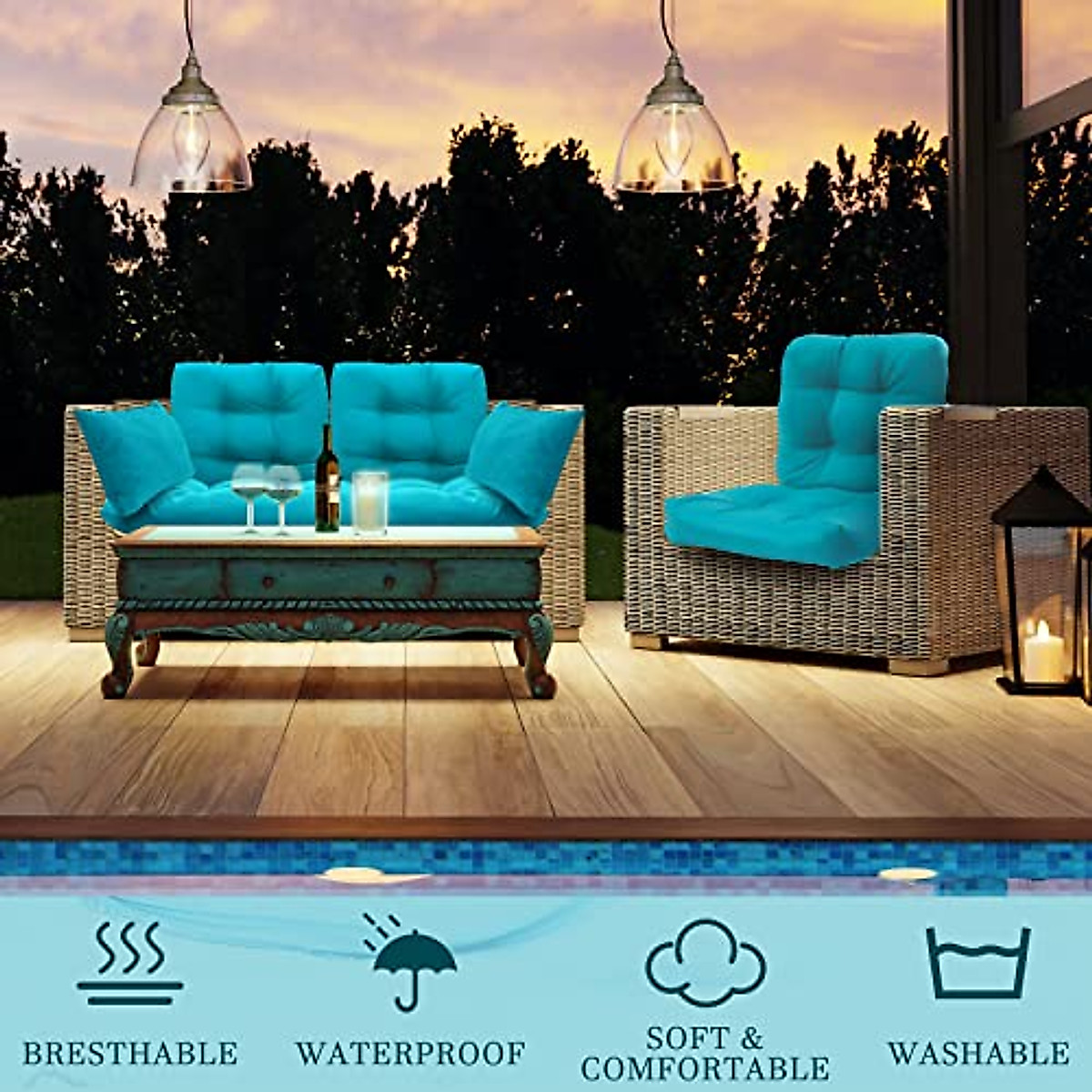 Maitys 5 Pieces Waterproof Outdoor Cushions Couch Cushion Set Wicker Chair Cushions Group Loveseat Cushions Lumbar Pillows for Patio Backyard Porch Garden Furniture (Peacock Blue)