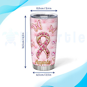 Hyturtle Personalized 2D Printed Breast Cancer Awareness Tumbler Gifts for Women - Birthday Christmas Gifts For Breast Cancer Survivors - Custom Name 20oz Insulated Stainless Steel Travel Tumbler