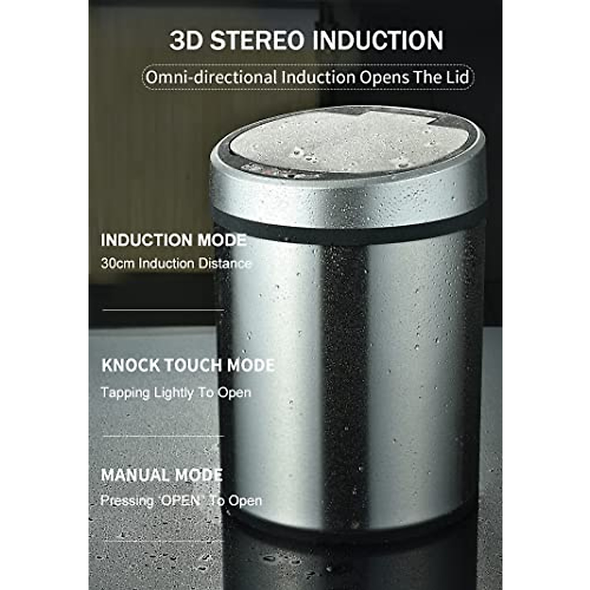 TekMango 12L Smart Touchless Sensor Trash Can for Home Kitchen Bedroom Living Room, 3 Gal Automatic Trash can for Office Hotel Restaurant Resort, Stainless Steel Infrared Motion Dustbin - Silver