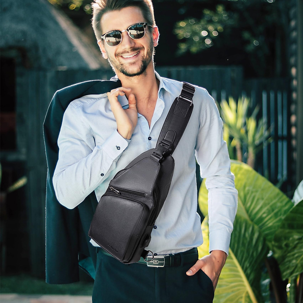 Men Leather Sling Bag Purse Waterproof Crossbody Chest Bag Sling Backpack with USB Charging Port One Shoulder Bag Black