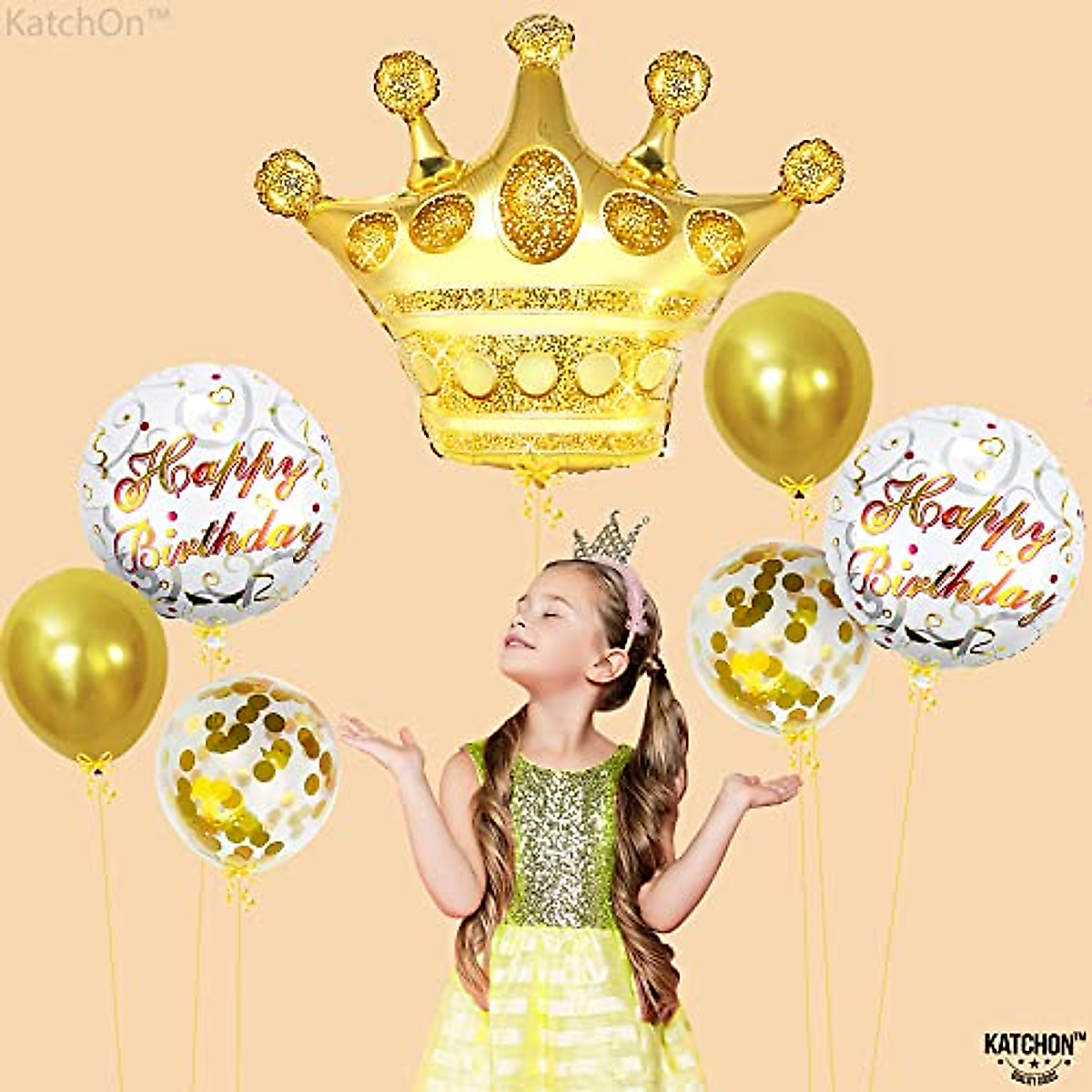 KatchOn, Gold Happy Birthday Balloon Set - 30 Inch, Pack of 7 | Crown Balloons Gold, Gold Confetti Balloons for Birthday Party | Gold Happy Birthday Printed Balloons, Queen Birthday Party Decorations