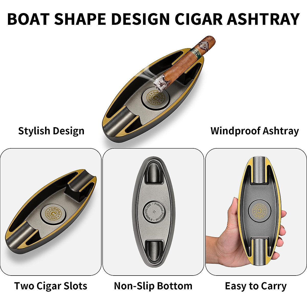 CIGARWONG Cigar Ashtray with 2 Cigar Holder Portable Travel Ashtray Unique for Outdoors Indoors