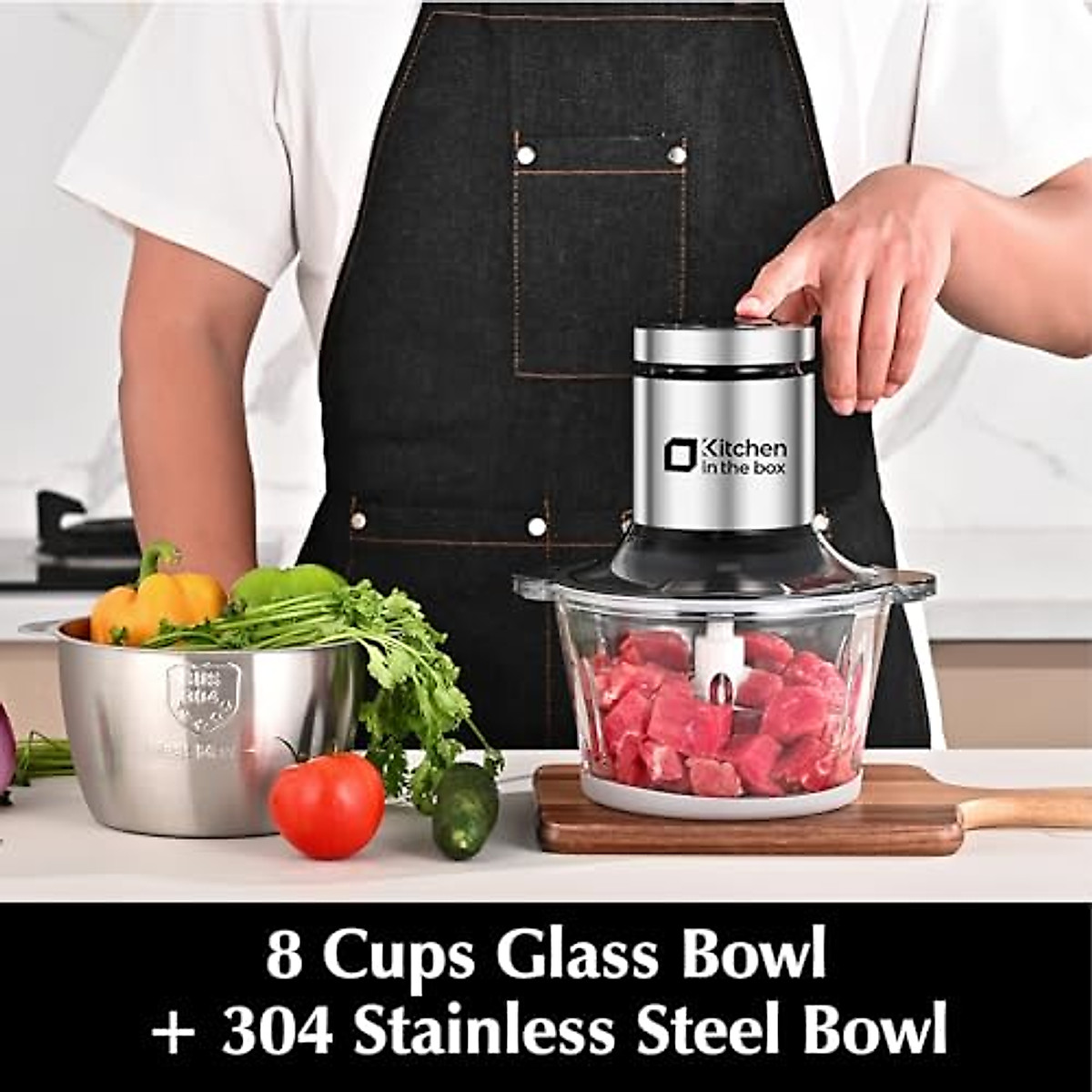 Kitchen in the box Food Processors,Small Meat Grinder & Food Chopper Electric Vegetable Chopper with 2 Bowls (8 Cup+8 Cup)& 2 Bi-Level Blades for Meat/fish/Vegetable/Baby Food，400 W (Black)