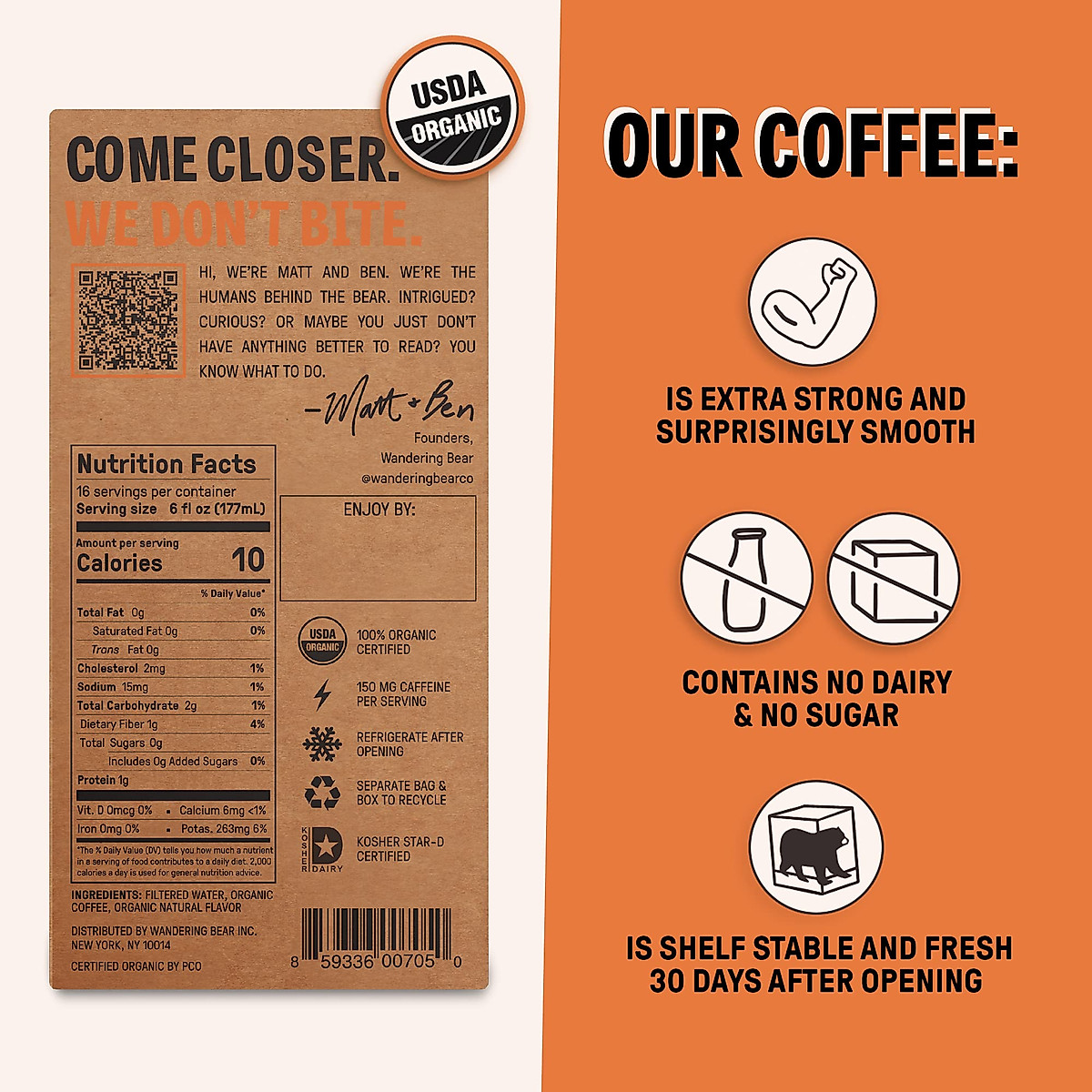 Wandering Bear Organic Hazelnut Cold Brew Coffee On Tap, 96 fl oz - Extra Strong, Smooth, Unsweetened, Shelf-Stable, and Ready to Drink Iced Coffee, Cold Brewed Coffee, Cold Coffee