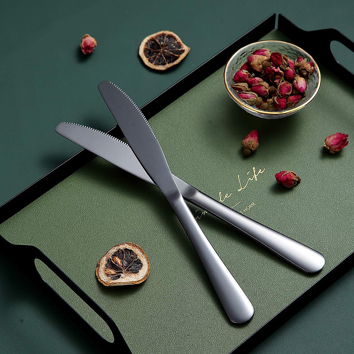 Berglander Black Dinner Knives Set Of 4, Stainless Steel Titanium Plating Shiny Black Dinner Knife, Butter Knife Spreader Table Knives Sturdy And Dishwasher Safe