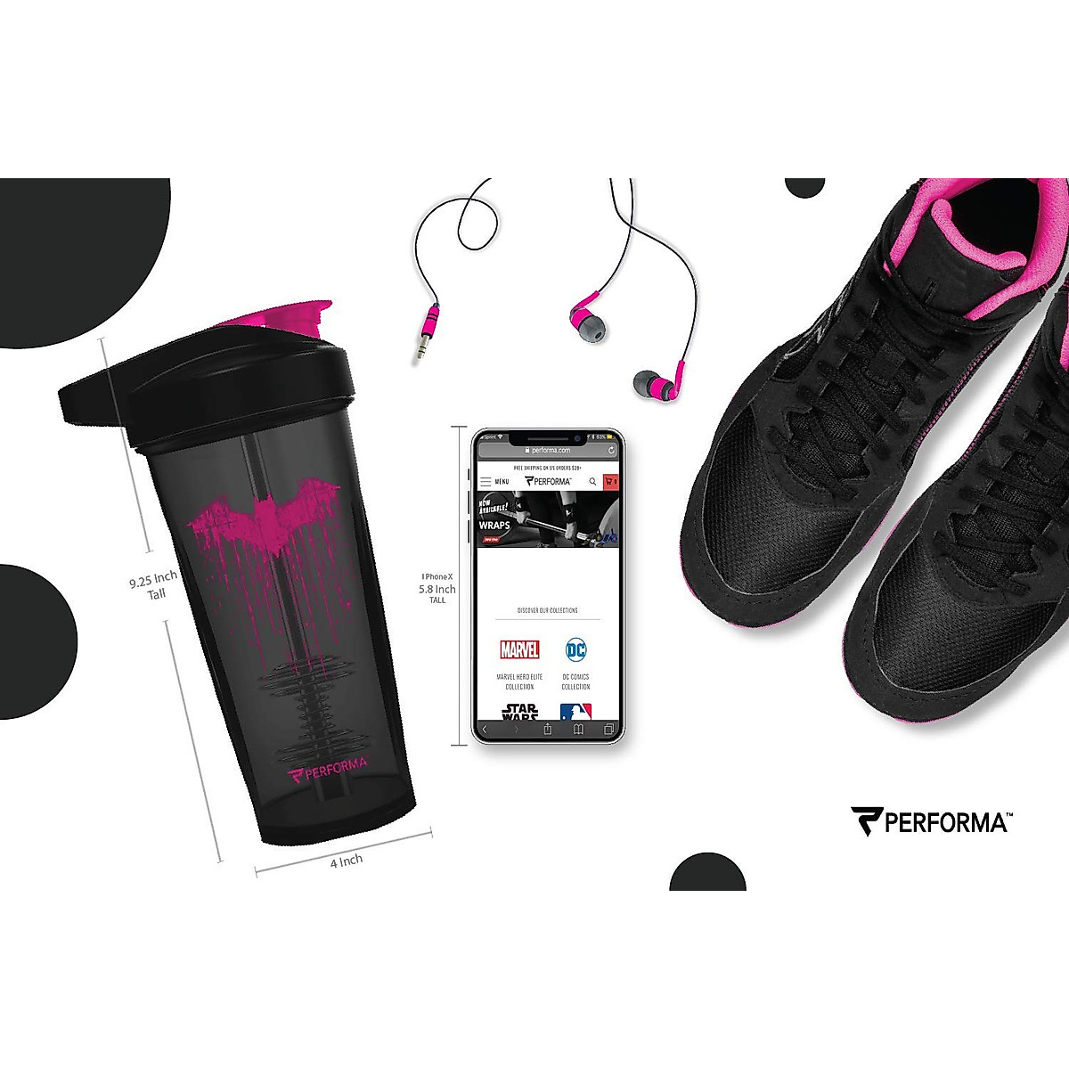 PerfectShaker Performa™ ACTIV DC Comics & Justice League Series Shaker Bottle, Best Leak Free Bottle with ActionRod Mixing Technology for Your Sports & Fitness Needs! (28oz, Pink Batman)