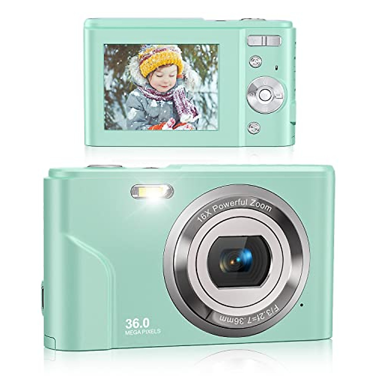 Digital Camera, Lecran FHD 1080P 36.0 Mega Pixels Vlogging Camera with 16X Digital Zoom, LCD Screen, Compact Portable Mini Cameras for Students, Teens, Kids (Green)