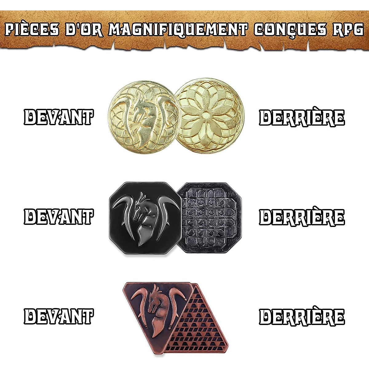 Byhoo 60 PCS DND Coins, Gold, Silver and Copper Coins in Metal Coins, Fantasy Coins for Board Games, Fake Coins for Games Tokens, Role-Playing Coins of Dungeons and Dragons