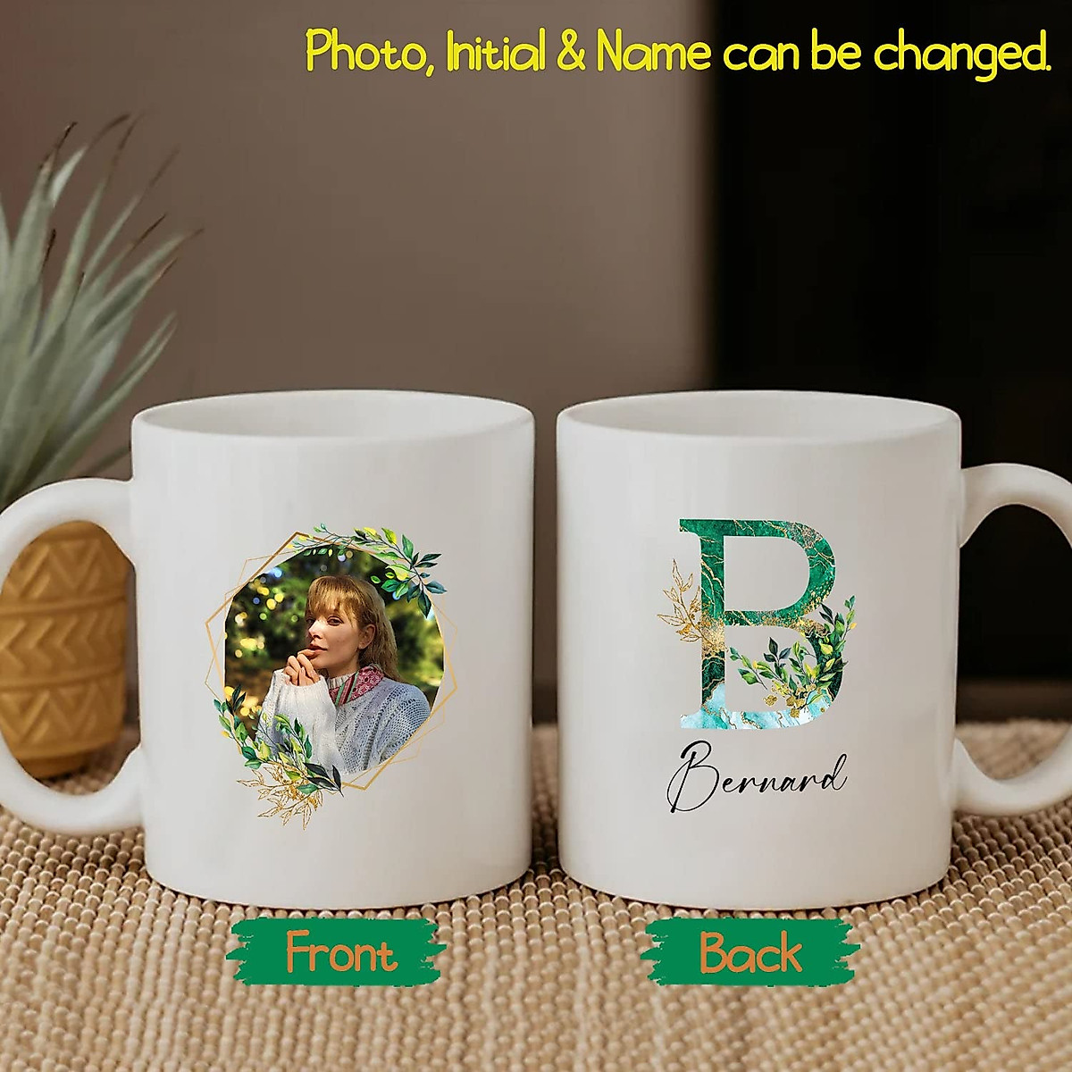 Personalized Ceramic Mug with Add Photo Custom Name Green & Gold Leaf for Women, Customized Coffee Mug Cup 11oz 15oz Gift for Special Day, White Mugs Custom Letter Alphabet Initial for Wife/Mom