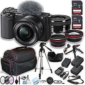 Sony ZV-E10 Mirrorless Camera with 16-50mm Lens 2pcs 64GB Memory + Case+ Tripod + Steady Grip Pod + Filters + Macro + 2X Lens + 2X Batteries + More (34pc Bundle) (Renewed)