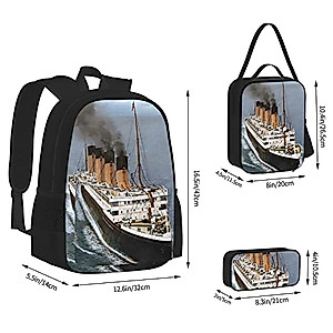 3 Piece Backpack Set Titanic Print School Bag,Travel Camping Daypack Students Bookbag Pencil Case Lunch Bag Combination