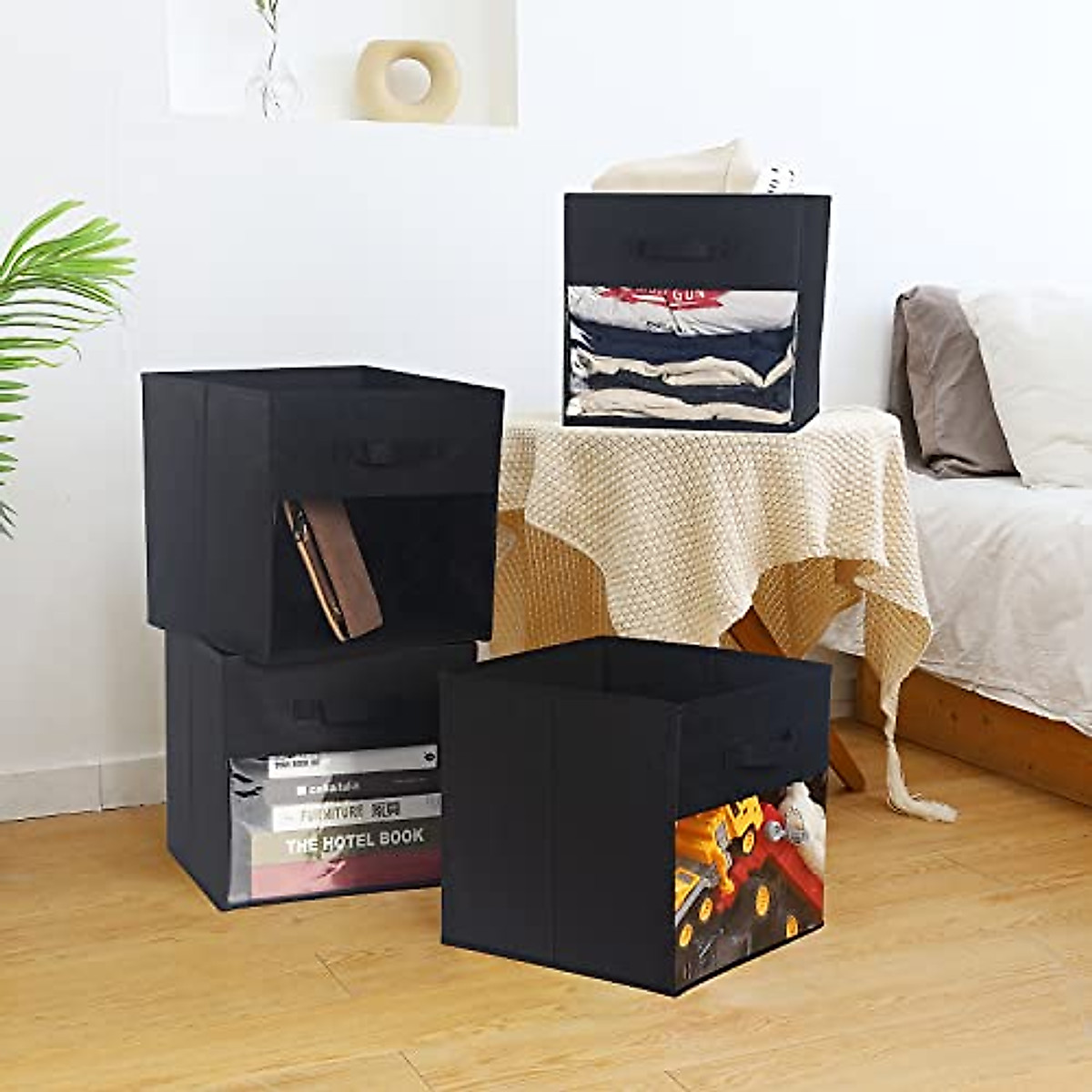 DOMEraax Cube Storage Bin 4 Pack with Clear Window Large Boxes Basket with Handles Fabric Closet Organizer 13" x 13" x 13" Black
