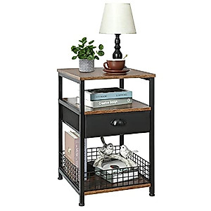 Industrial Nightstand, Bedside Table End Table with Storage Drawer, Open Wood Shelf, 16”x 16” Side Table with Adjustable Feet, for Bedside Sofa Couch, Living Room, Bedroom, Black and Brown