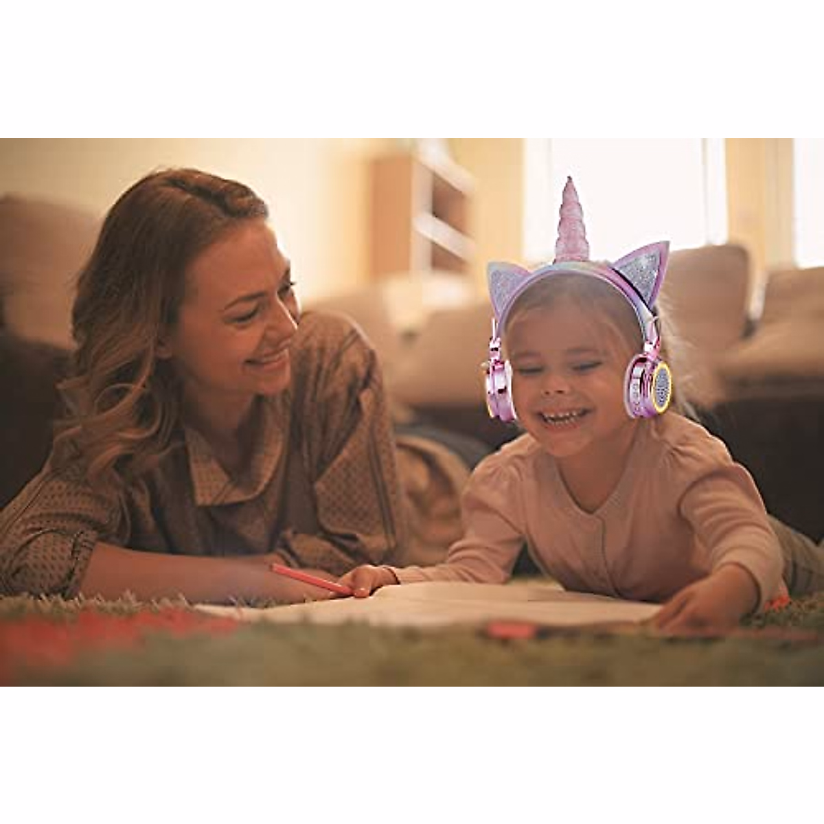 KORABA Kids Wireless Headphones for Girls Children Teens, LED Light Up Bluetooth Unicorn Headphones with Microphone for School/Xmas/Online Study/Unicorn Gifts (Pink Wireless)