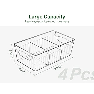 Kootek 4 Pack Clear Pantry Organization and Storage Bins, Freezer Organizer Bins Stackable Food Storage Organizer Bins with Handles Removable Dividers for Kitchen, Refrigerator, Cabinet