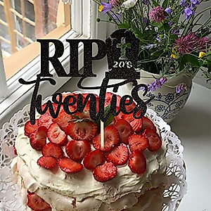 1 PCS Rip Twenties Cake Topper Black Glitter Death to My Twenties Cake Pick Rip to My 20s Cake Decorations for Rip 20s Funeral Happy Youth 30th Birthday Party Supplies