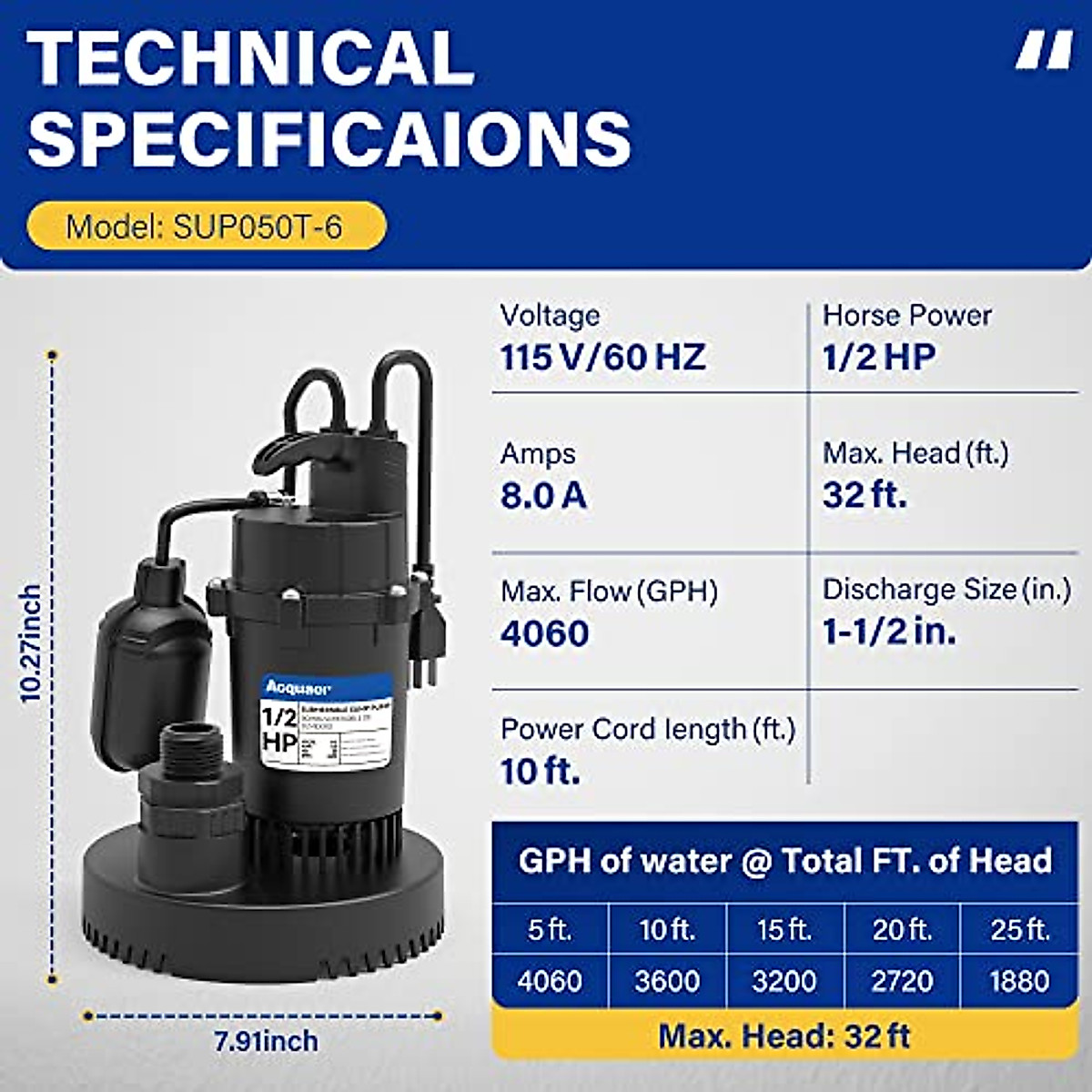 Acquaer 1/2HP Sump Pump, 4060GPH Submersible Clean/Dirty Water Pump with Adjustable Float Switch for Garden Pool,Basement, Flooded House , Hot Tub and Irrigat&Acquaer 1-1/2" x 50 FT Pool Backwash Hose