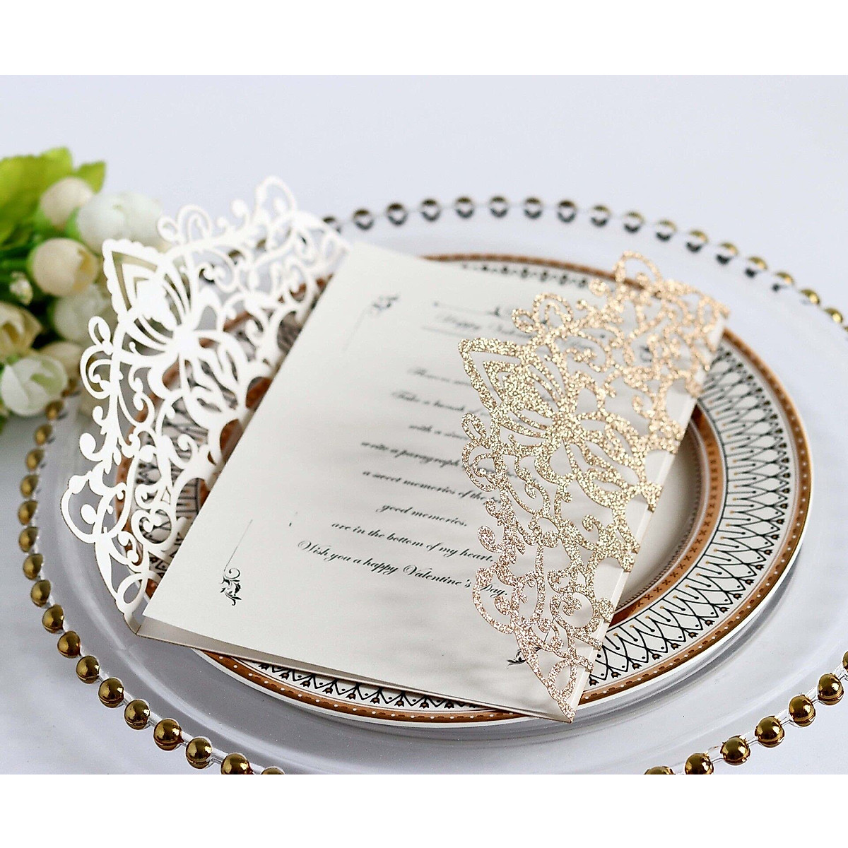 KALOPEZY 50PCS Wedding Invitation,Rose Gold invitations,Gold Powder Floral Laser Cut with Blank Inner Sheet, Envelopes and Ribbons for Party Wedding Engagement Bridal Bridal Shower Invite (Rose Gold)