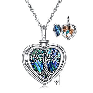 ONEFINITY Tree of Life Urn Necklaces for Ashes Sterling Silver Abalone Shell Tree of Life Locket Necklace That Holds Pictures Heart Cremation Jewelry for Ashes Memory Jewelry for Women Men