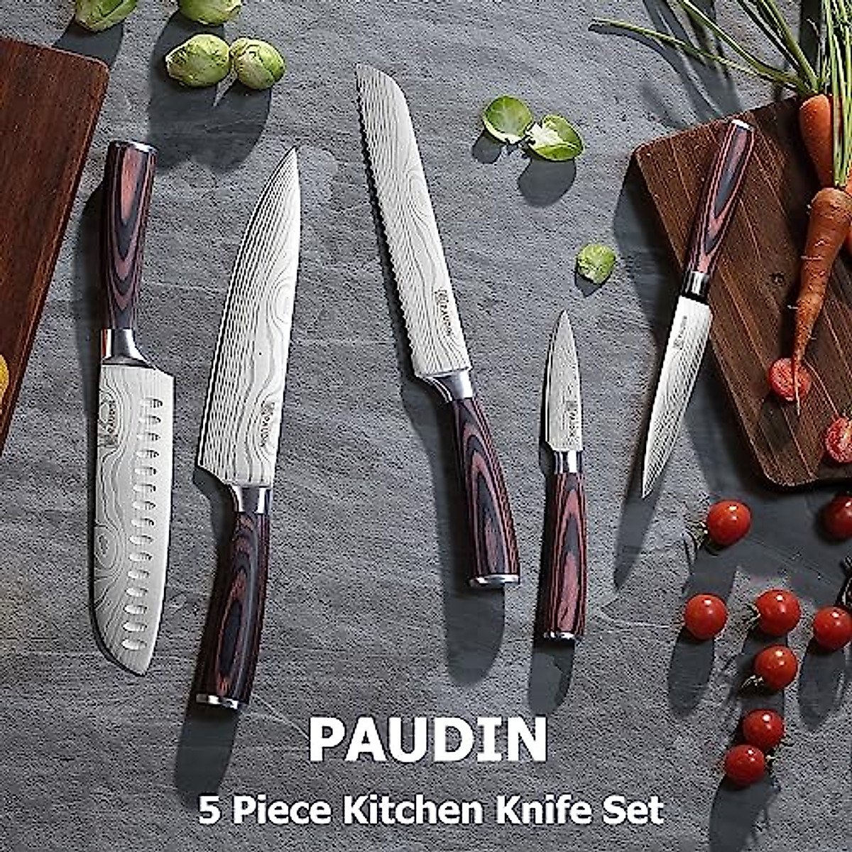 PAUDIN Kitchen Knife Set, Ultra Sharp Knife Set with Pakkawood Handle, High Carbon Stainless Steel Knives Set for Kitchen, 5 Piece Chef Knife Set Come with Gift Box