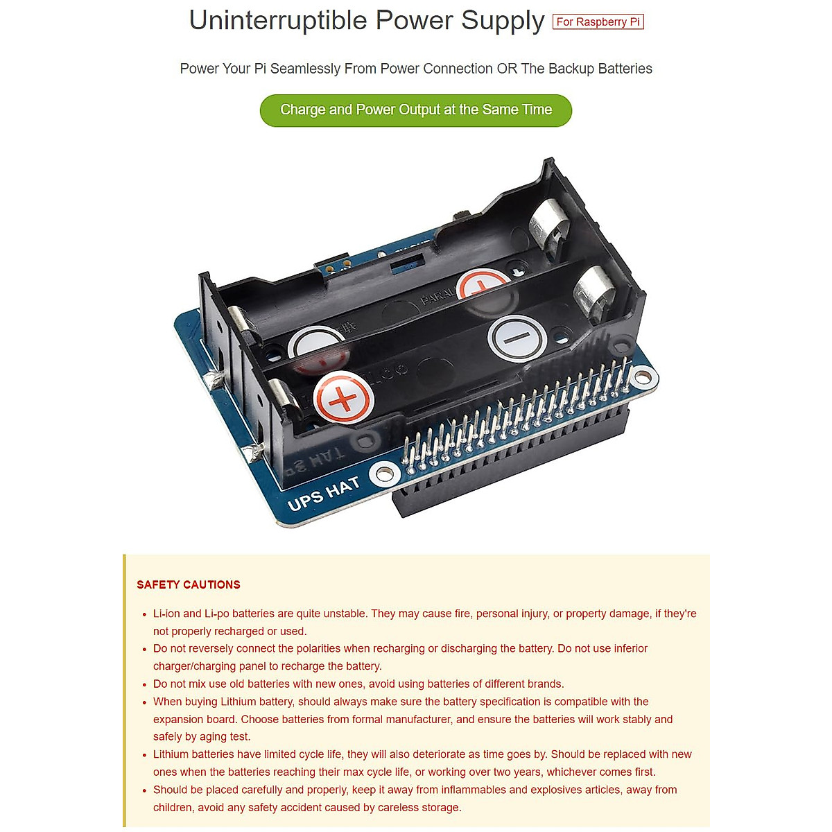 Waveshare UPS HAT for Raspberry Pi 5/4B, 5V Uninterruptible Power Supply Charge and Power Output at The Same Time
