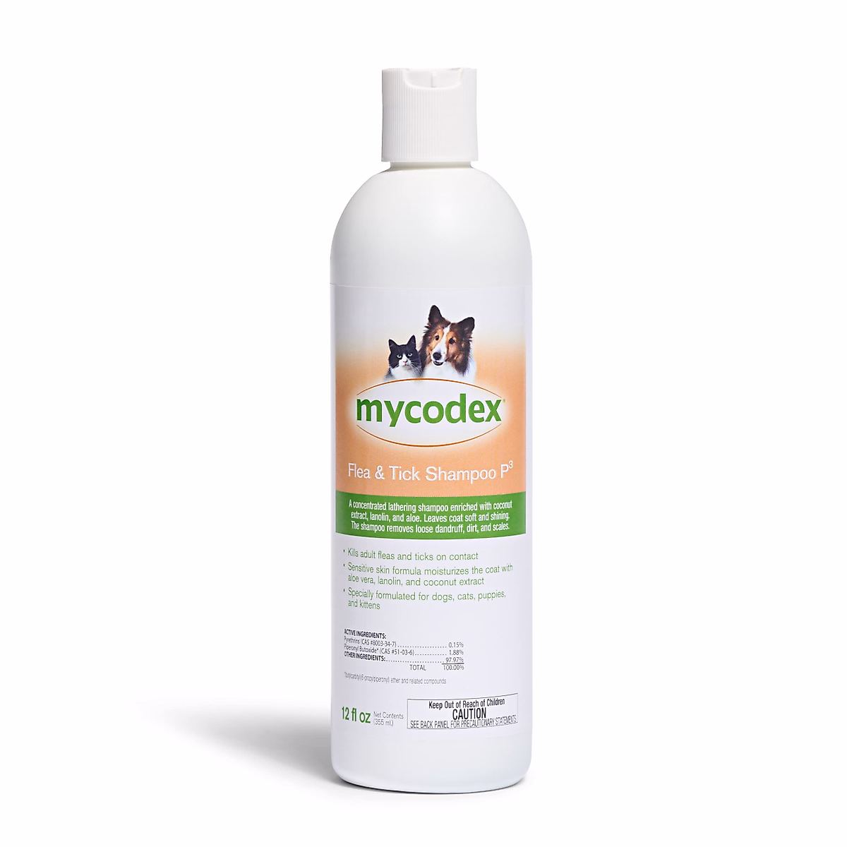 PRN Pharmacal Mycodex Flea and Tick Shampoo P3 - Sensitive Skin Shampoo for Dogs & Cats - with Oatmeal, Lanolin, & Aloe - Removes Dandruff, Dirt, & Scales While Killing Fleas, Ticks & Lice - 12 Fl Oz