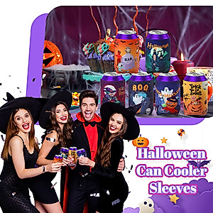 18 Pieces Halloween Can Cooler Sleeves Witch Pumpkin Bat Skull Beer Bottle Sleeves Funny Halloween Can Cooler Drink Coolers for Halloween Party