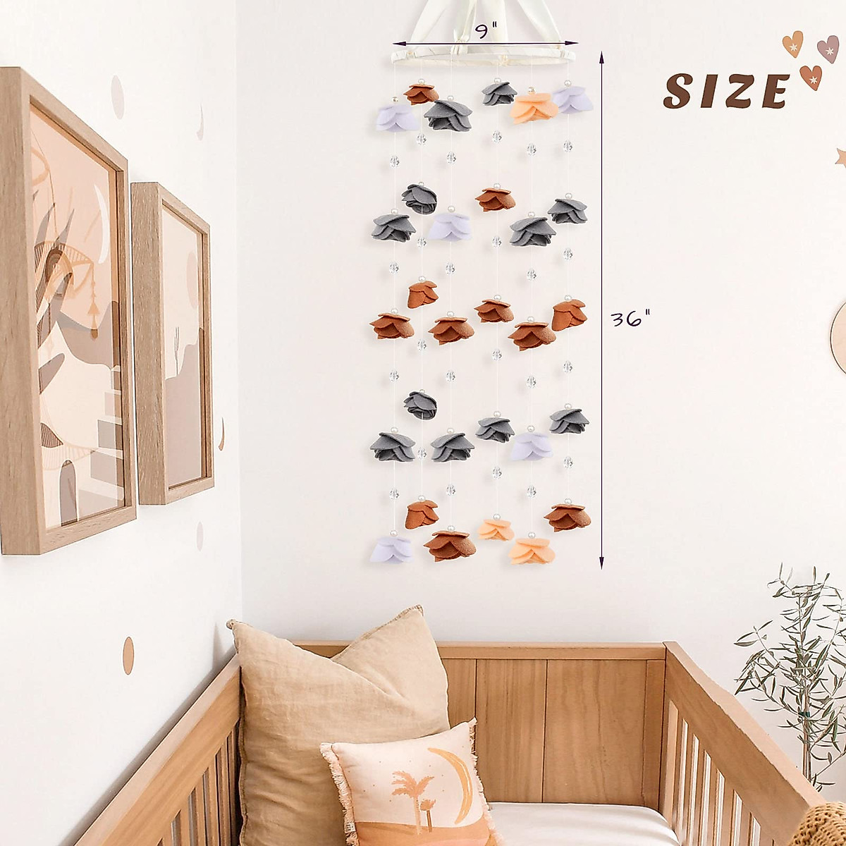 Baby Mobile for Crib, Felt Rose Flower Crystals Pearls Mobile Nursery Mobile for Boys Girls Boho Nursery Decor Soothe Toy Baby Shower Set for Infant Bedroom Hanging Decoration Toy
