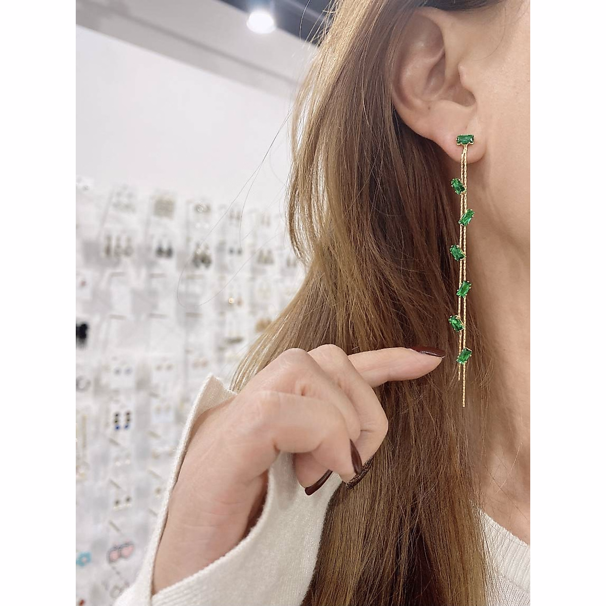 Concept8 colored long drop earrings with 925 silver post made in korea (Emerald)
