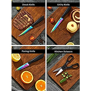 Aiheal Knife Set, 16 Pieces High Carbon Stainless Steel Rainbow Color Kitchen Knife Set, Titanium Coating Blade, No Rust and Super Sharp Cutlery Knife Set with Acrylic Stand and Kitchen Scissors, Gift