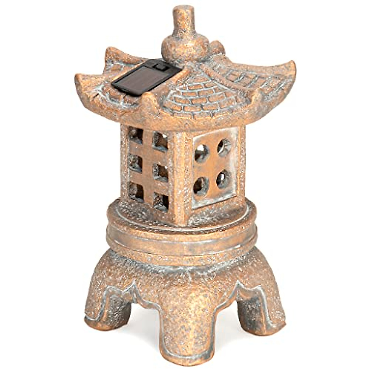 Red Co. 11” Solar-Powered LED Square Pagoda Lantern Asian Décor Zen Garden Statue, Distressed Gold