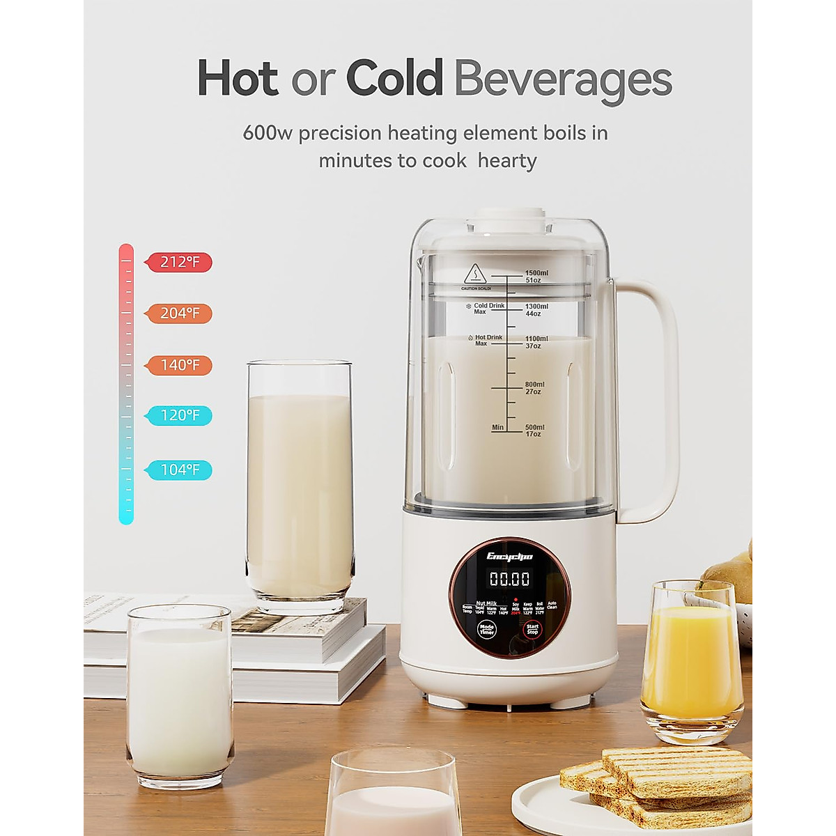 Encyclpo Nut Milk Maker, 50oz Automatic Soy Milk Maker with Spin Clean Brush and Nut Milk Bag, Homemade Plant-Based Oat Milk Machine with Auto Clean, Boil Water, Delay Start, Keep Warm