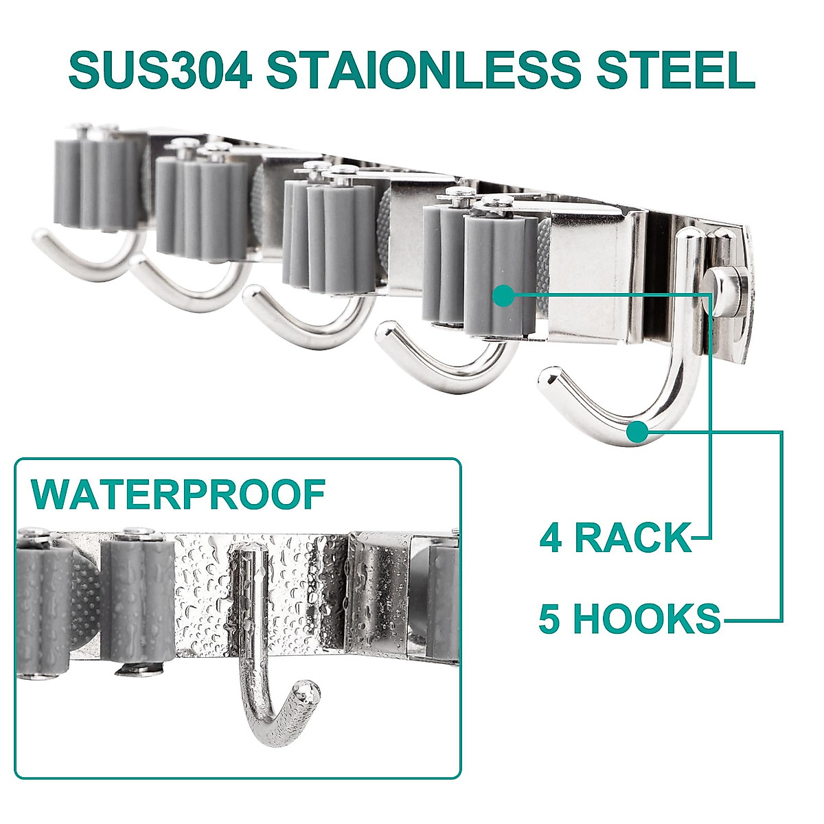 OCGIG 2 Pack Mop and Broom Holder, Wall Mounted Metal Hanger Organization Storage Heavy Duty Tool Organizer for Garage Home Kitchen Laundry Garden (4 Racks and 5 Hooks)