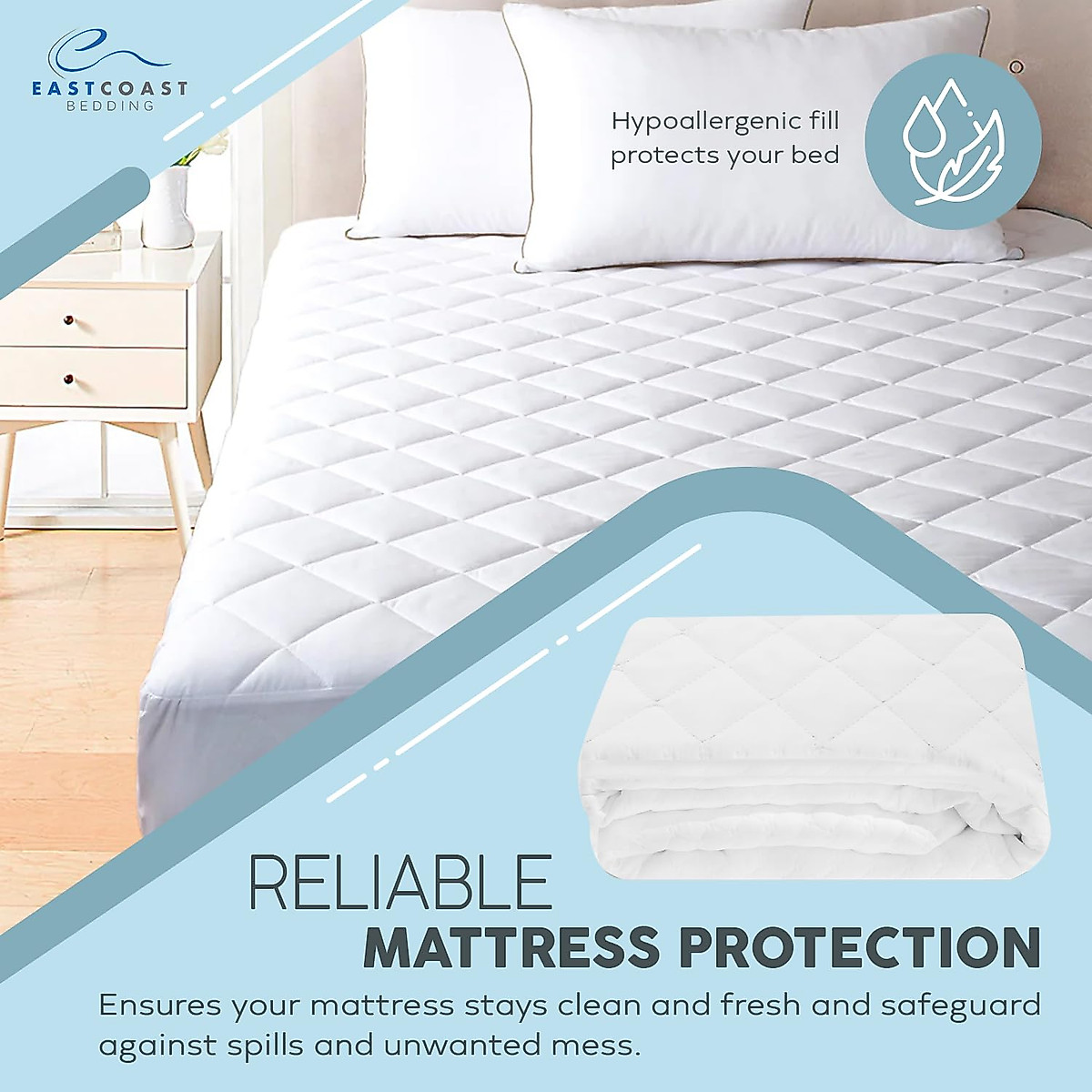 East Coast Queen Size Fitted Mattress Pad Protector - Breathable Quilted Soft Cotton Mattress Pad Cover Bedding Topper Protection, Moisture Resistant, 300 Thread Ct 18 Inch Deep Machine Washable
