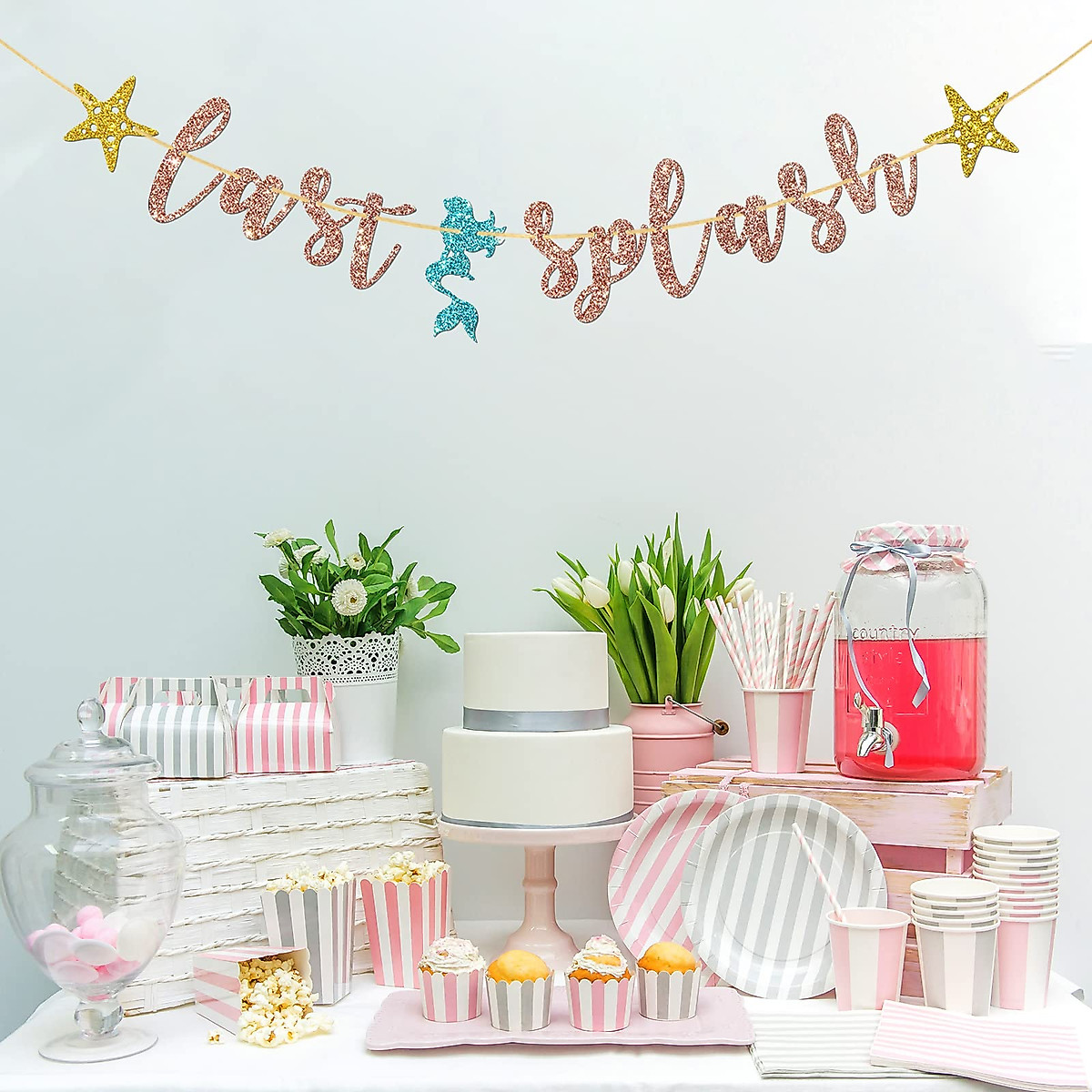 Halodete Last Splash Banner, Mermaid Theme Bridal Shower, Wedding Bachelorette Party Garland Bunting Decorations - Rose Gold Glitter