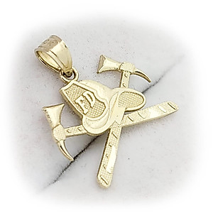 AMZ Jewelry 10K Yellow Gold Firemen's Hat And Axes Pendant Firefighter Charm
