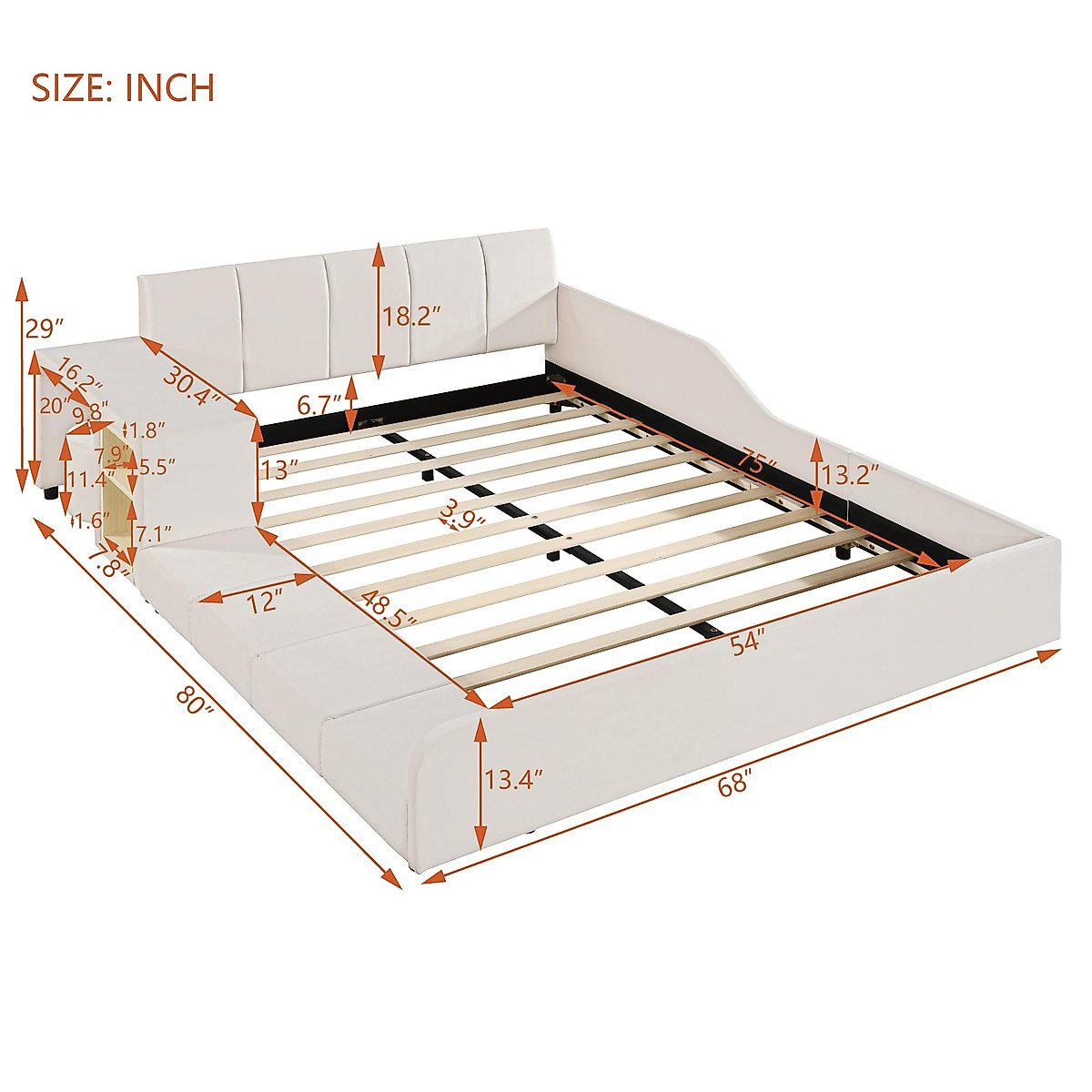 Full Size Multi-Functional Design Upholstered Grounded Bed, Velvet Upholstered Platform Bed, Mother & Child Bed with Bedside Desk and Little Round Stool for Kids Boys Girls (Beige-119)