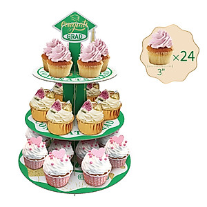 Class of 2023 3-Tiered Graduation Cupcake Stand for 24 Cupcakes, Disposable Cupcake Tower Stand, Perfect for Grad Themed Party Decor Graduation Dessert Favors Supplies (Green)
