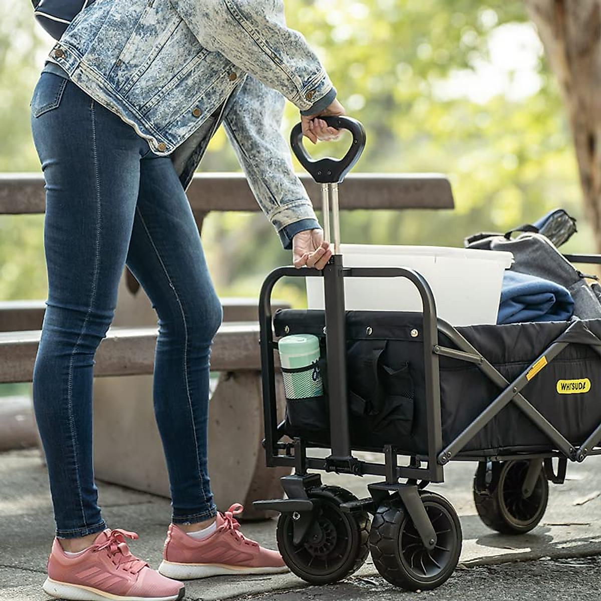 WHITSUNDAY Collapsible Folding Garden Outdoor Park Utility Wagon Picnic Camping Cart with 8“ Bearing Fat Wheel and Brake (Standard Size(Plus+) 8" Wheels with Tailgate (Beige)