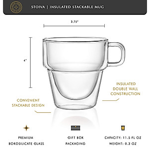 JoyJolt Stoiva Double Wall Insulated Coffee Mugs – 11.5 oz Glasses Set with Handle, Ideal for Hot and Cold Drinks – Large Mugs for Coffee, Latte, Cappuccinos, Tea – Stackable, Modern Design – Set of 4