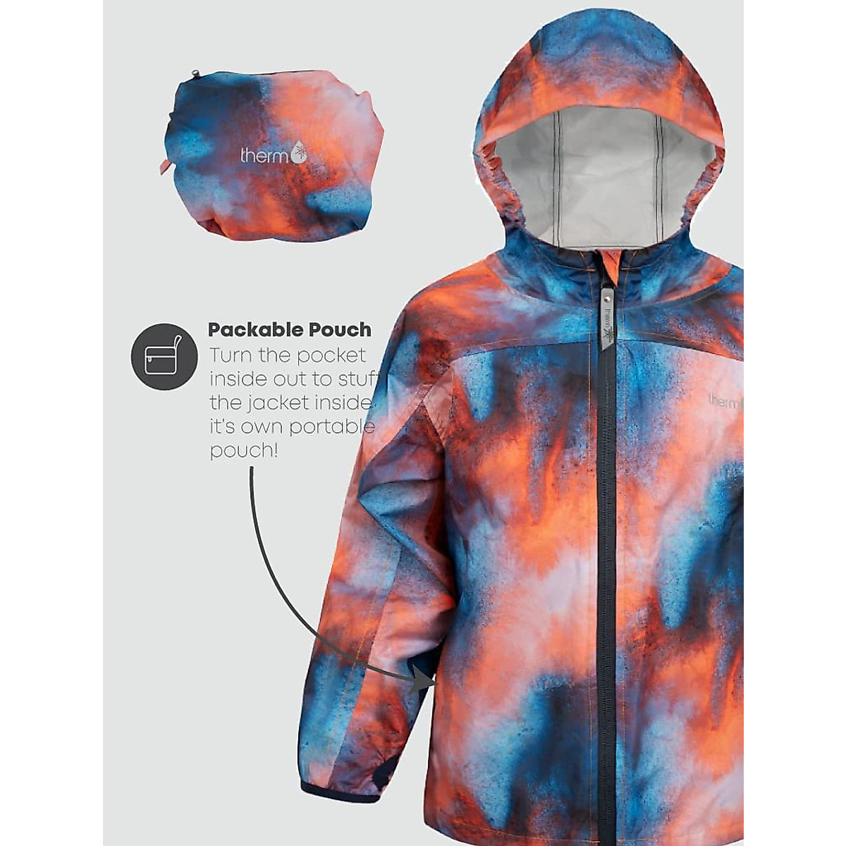 Therm Kids Raincoat, Waterproof Girls Boys Rain Jacket - Lightweight, Packable (LAVA, 8)