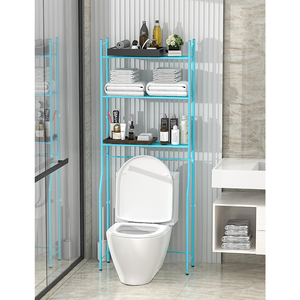 Livilord Over The Toilet Storage, 3-Tier Metal Bathroom Shelves, Freestanding above Toilet Storage Shelf with 4 Hooks for Bathroom, Blue