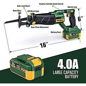 POPOMAN Cordless Brushless Reciprocating Saw, with 20V 4.0Ah Battery, 1-1/8"(28mm) Stroke Length, 0-2500 SPM Variable Speed, 2 Blades for Metal & Wood Cutting, Tree Trimming- MTW200B