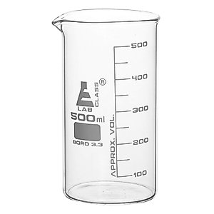 EISCO Beaker, 500ml - Tall Form with Spout - White, 50ml Graduations - Borosilicate 3.3 Glass
