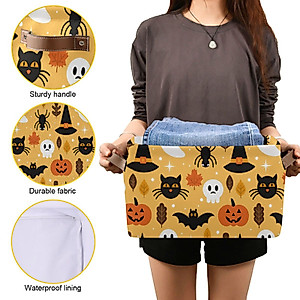 Large Foldable Storage Basket Halloween Spooky Skull Pumpkin Black Cat Storage Bin Canvas Toys Box Fabric Decorative Collapsible Organizer Bag with Handles for Bedroom Home