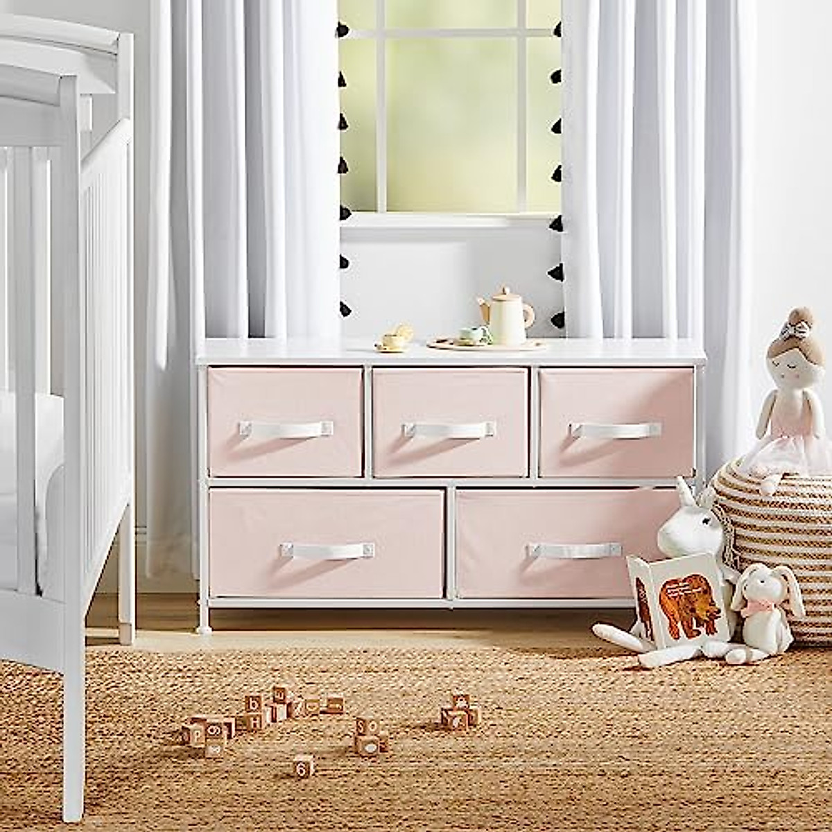 mDesign Wide Steel Frame/Wood Top Storage Dresser Furniture with 5 Fabric Drawers, Large Bureau Organizer for Baby, Kid, and Teen Bedroom, Nursery, Playroom, Dorm - Jane Collection, Pink/White, Pack of 1