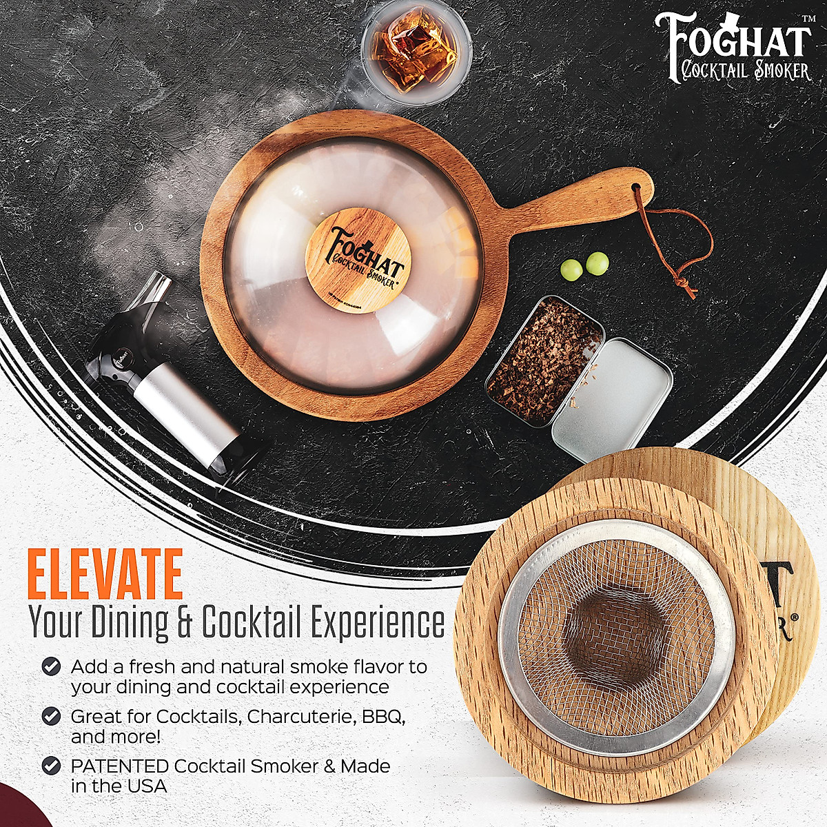 Foghat Cocktail Smoker Cloche Set, Bourbon Whiskey Barrel Oak Smoking Fuel & Smoking Torch | with Butane Infuse Whiskey, Cheese, Meats, BBQ